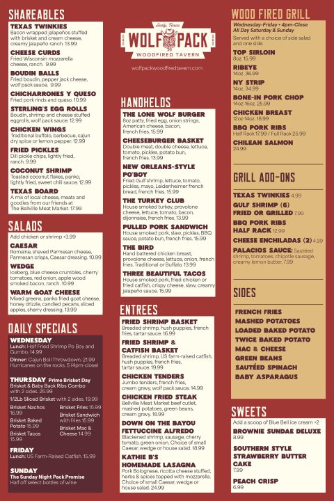 Menu | Wolfpack Woodfired Tavern Sealy